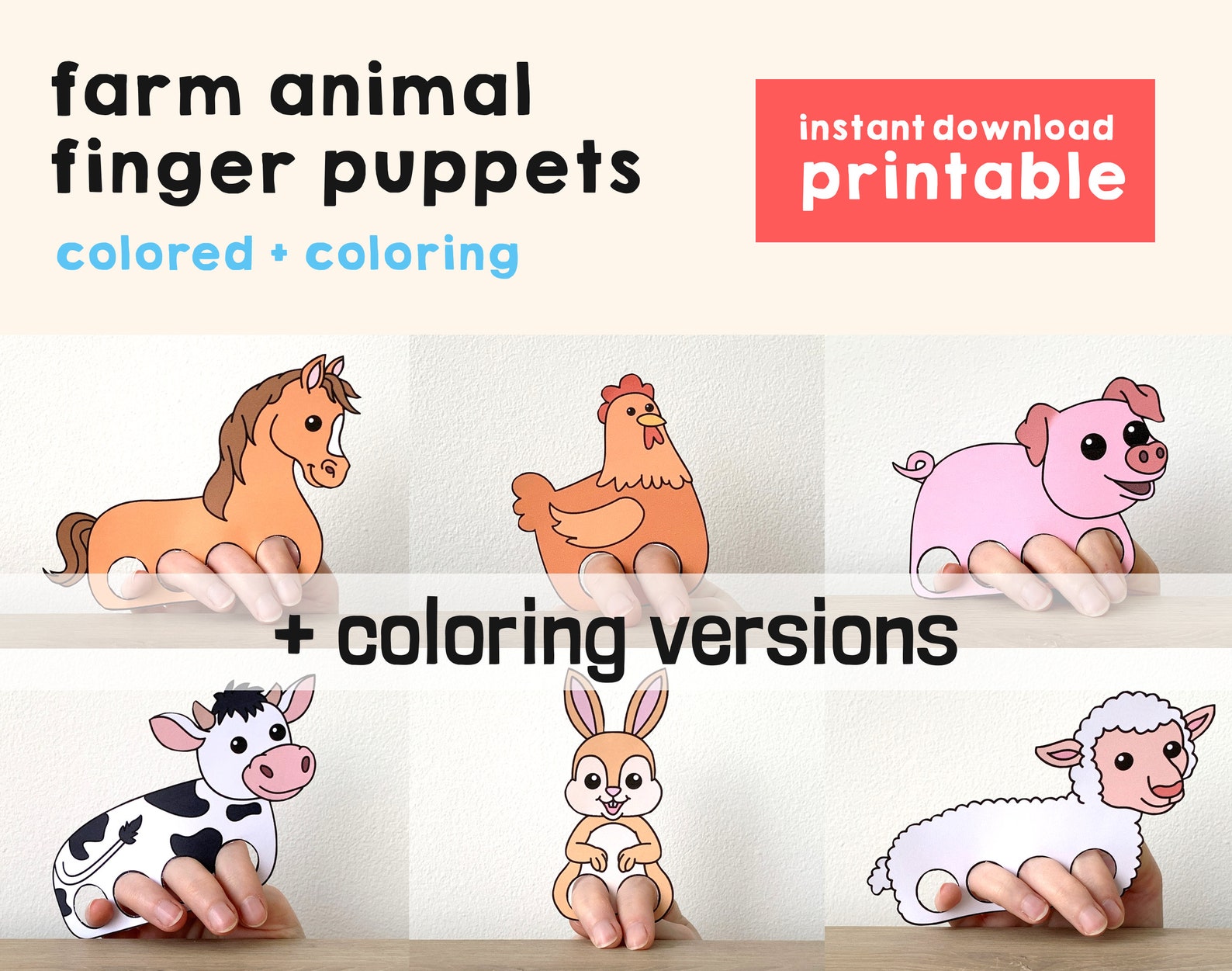 Farm animal paper craft printable Finger Puppet Template Kids | Etsy