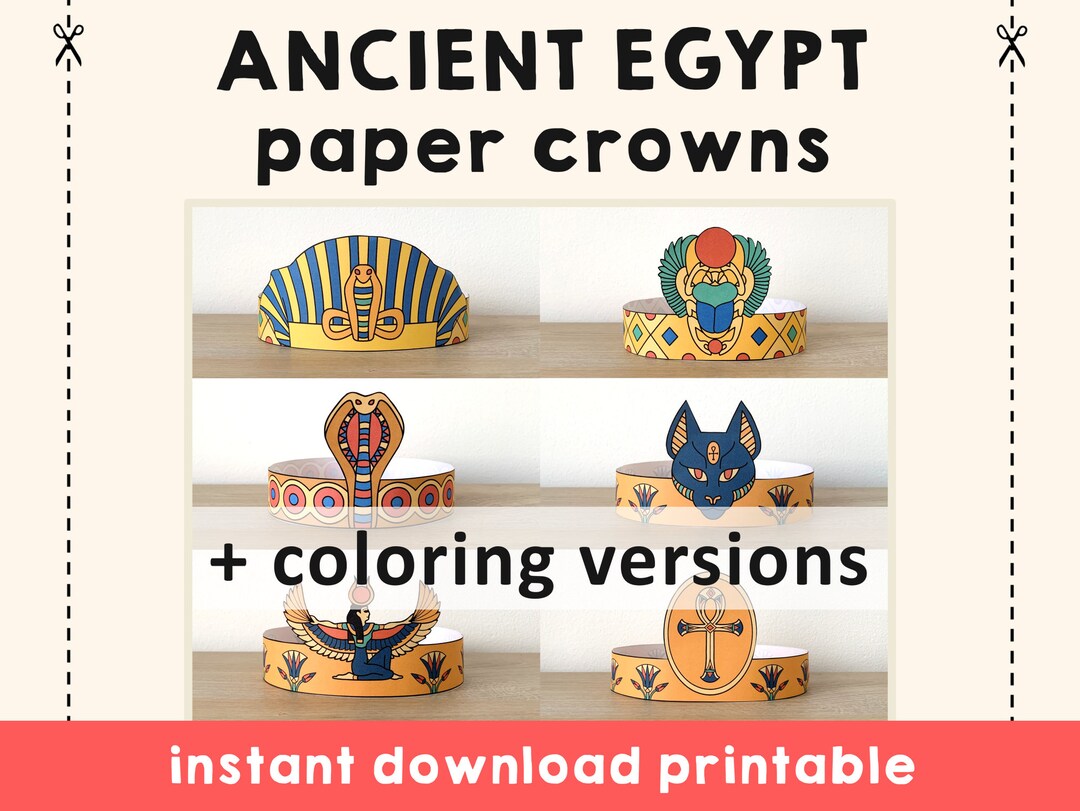Ancient Egypt Paper Crowns Pharaoh Cobra Cleopatra Isis Scarab Cat Ankh ...