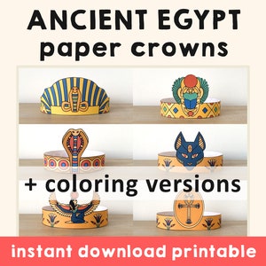 Ancient Egypt Paper Crowns Pharaoh Cobra Cleopatra Isis Scarab Cat Ankh ...