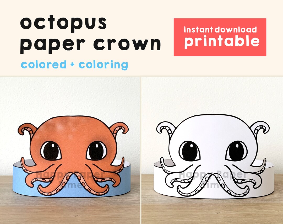 Octopus Paper Crown Party Coloring Printable Party Hat Kids Craft Ocean ...