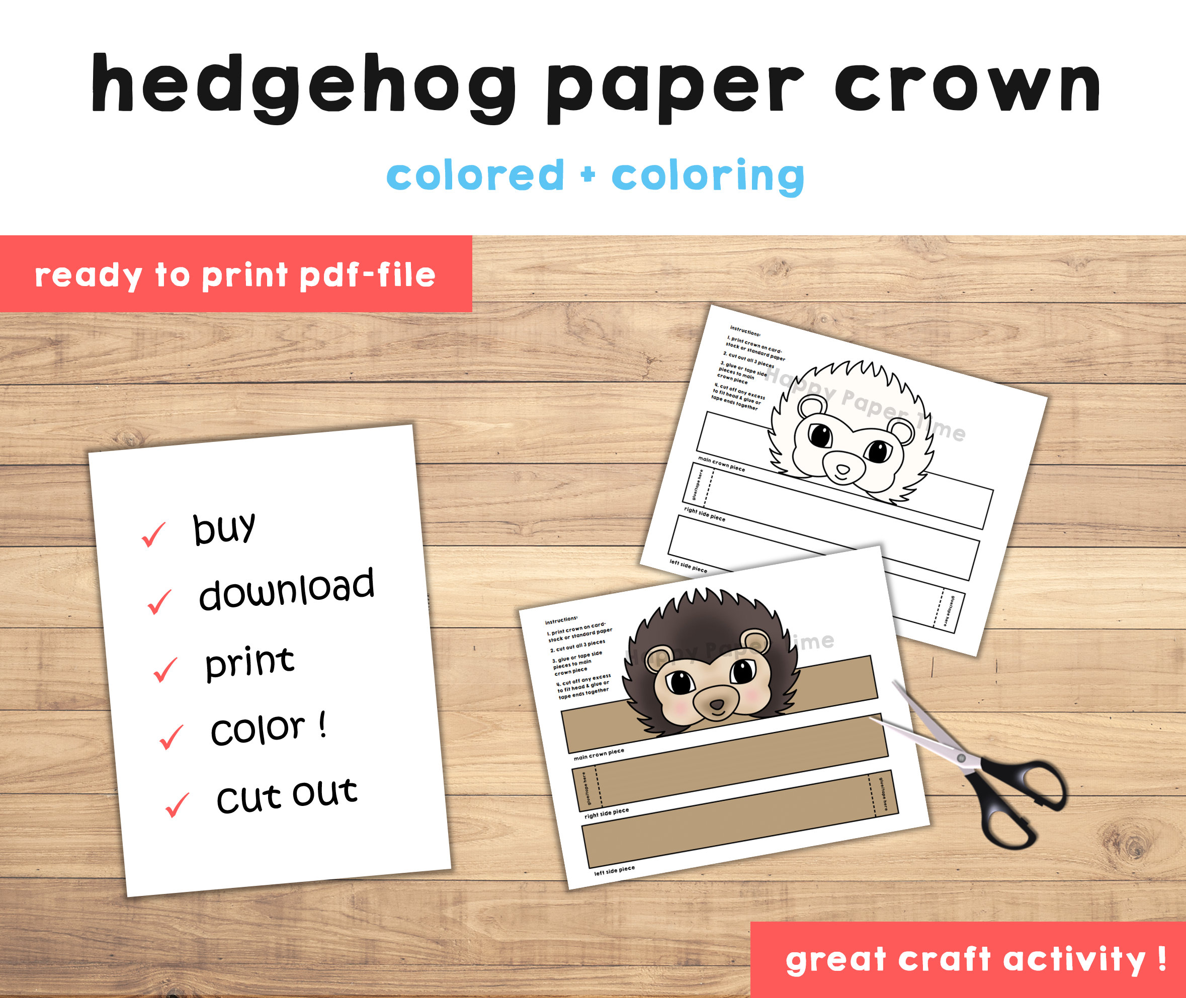 Hedgehog Paper Crown Party Coloring Printable Kids Craft Woodland ...