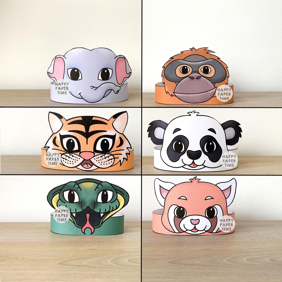 Asian Jungle Animals Paper Crowns Panda Elephant Cobra Tiger Orangutan ...
