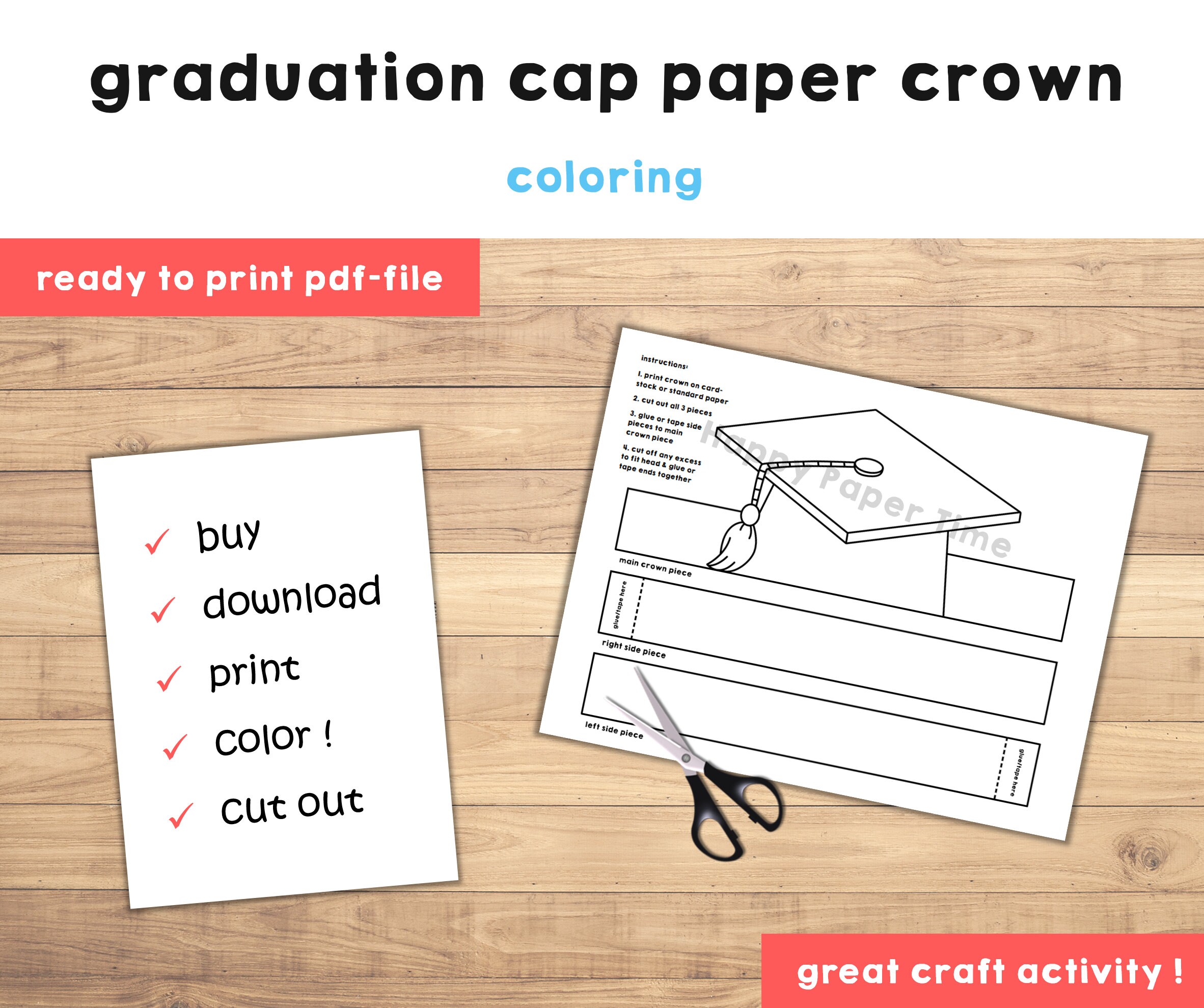 Graduation Cap Paper Crown Party Coloring Printable Kids Craft - Etsy