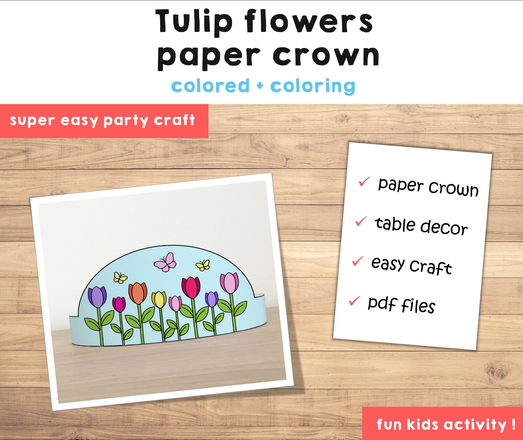 Tulips Flower Paper Crown Party Coloring Printable Kids Craft - Etsy