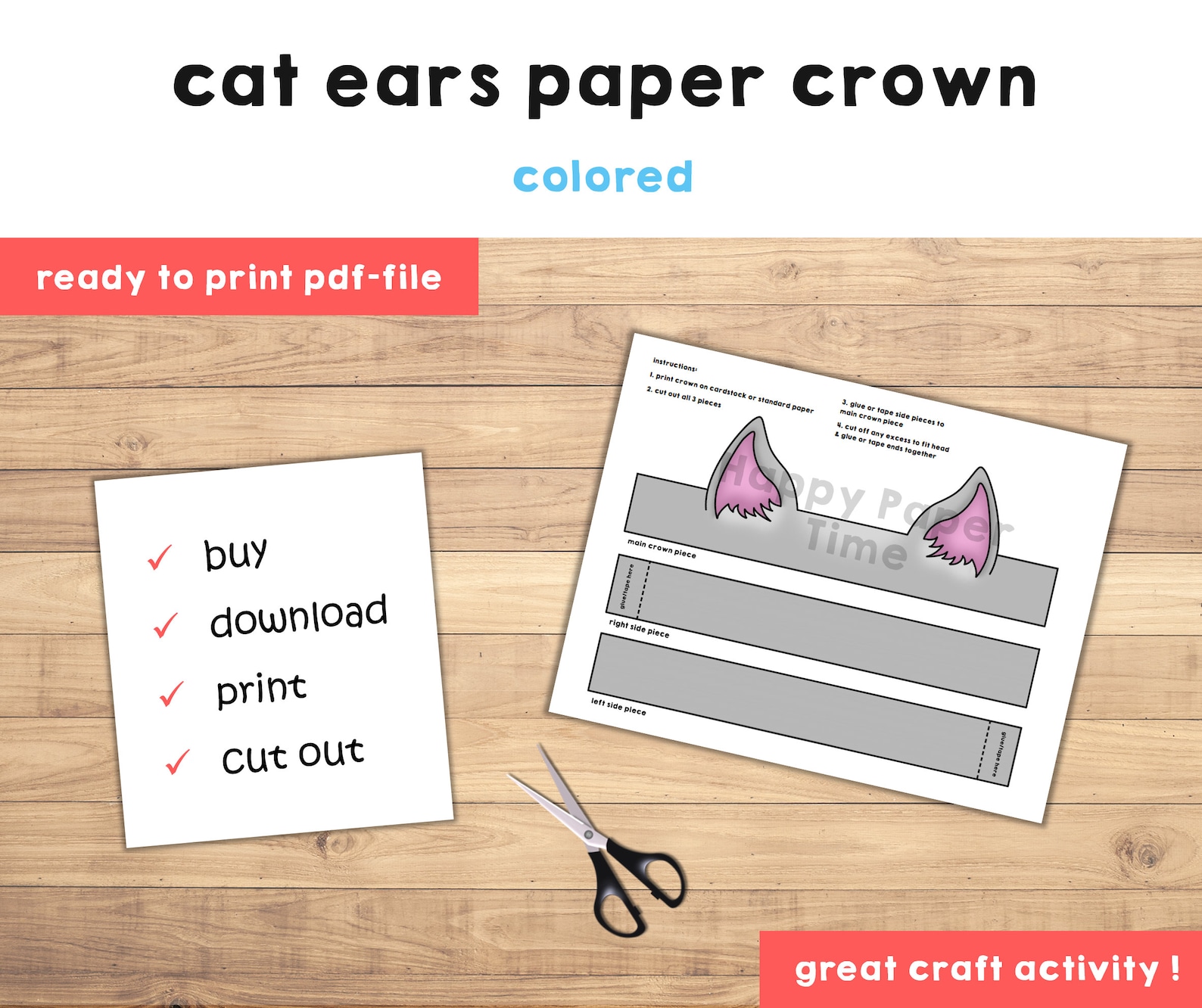 Cat ears Paper Crown Party Coloring Printable Kids Craft | Etsy