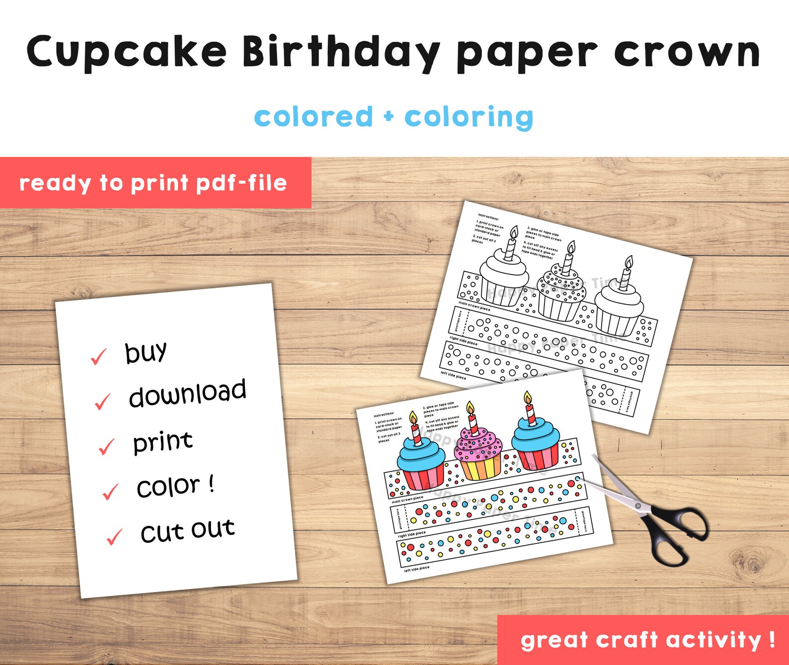 Birthday Cupcake Paper Crown Party Activity Printable Kids | Etsy