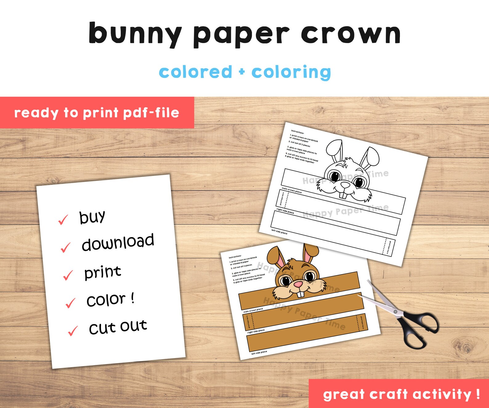 Bunny Paper Crown Headband Coloring Pet Animal Printable Kids Craft ...
