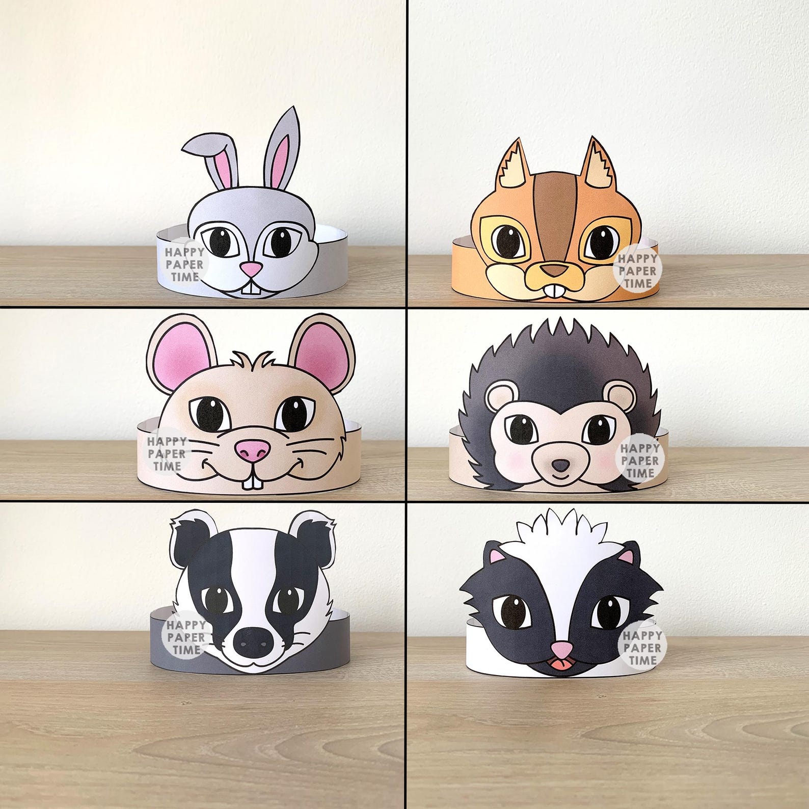 Woodland Animals Paper Crowns Hedgehog Mouse Squirrel Rabbit Skunk ...