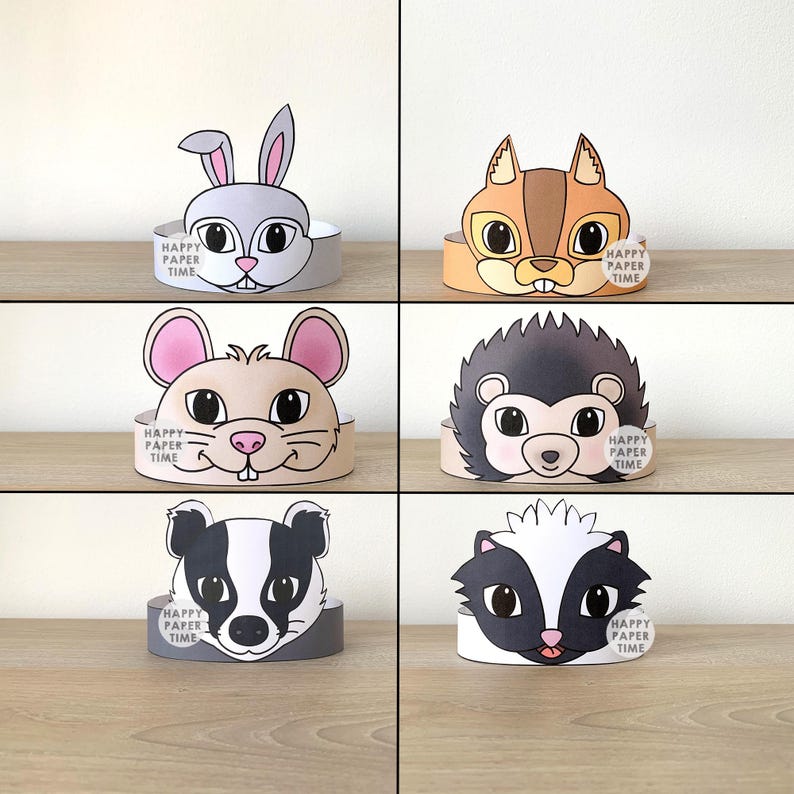Woodland Animals Paper Crowns Hedgehog Mouse Squirrel Rabbit Skunk ...
