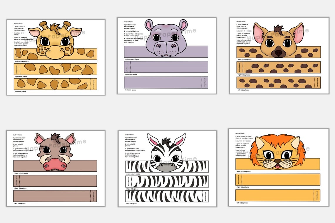 African Safari Animals Paper Crowns Giraffe Hippo Hyena Lion - Etsy