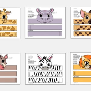 African Safari Animals Paper Crowns Giraffe Hippo Hyena Lion Zebra ...