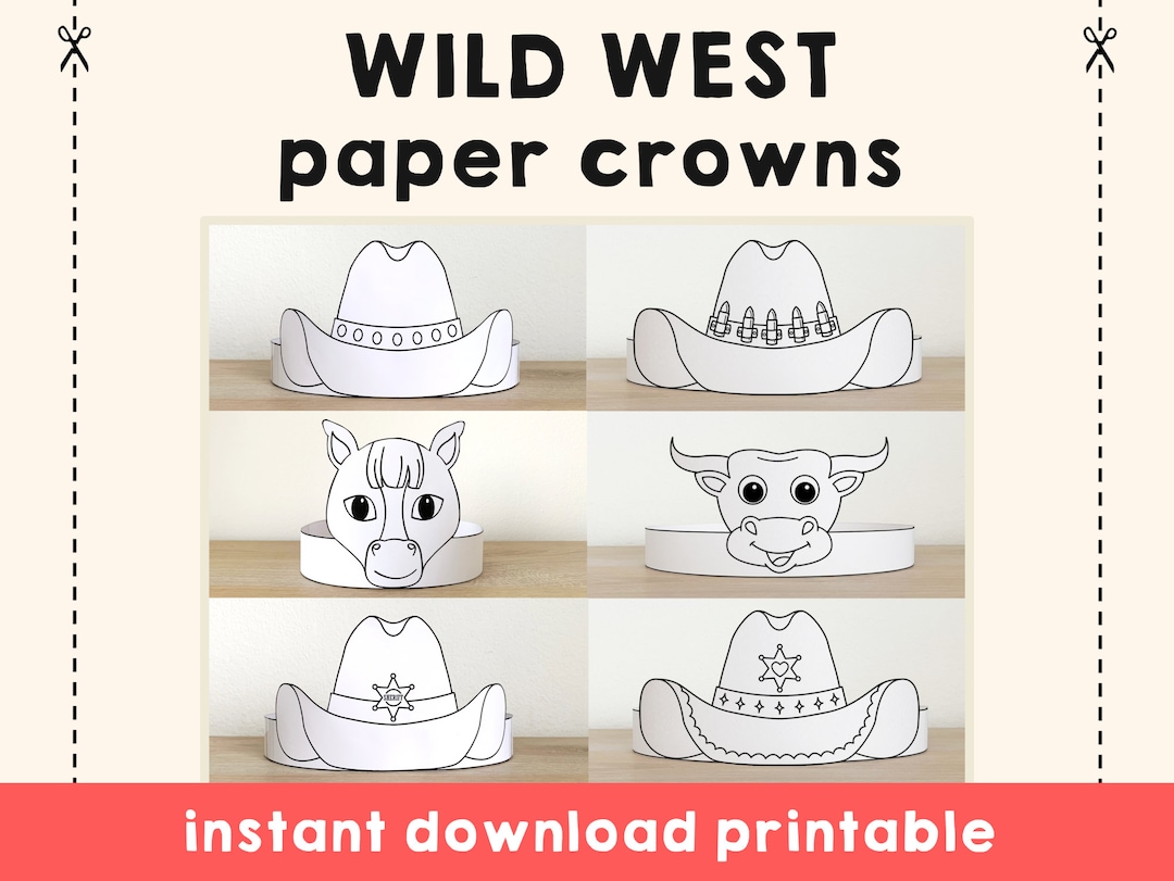 Wild West Paper Crown Coloring Headband Cowboy Sheriff Cowgirl Party ...