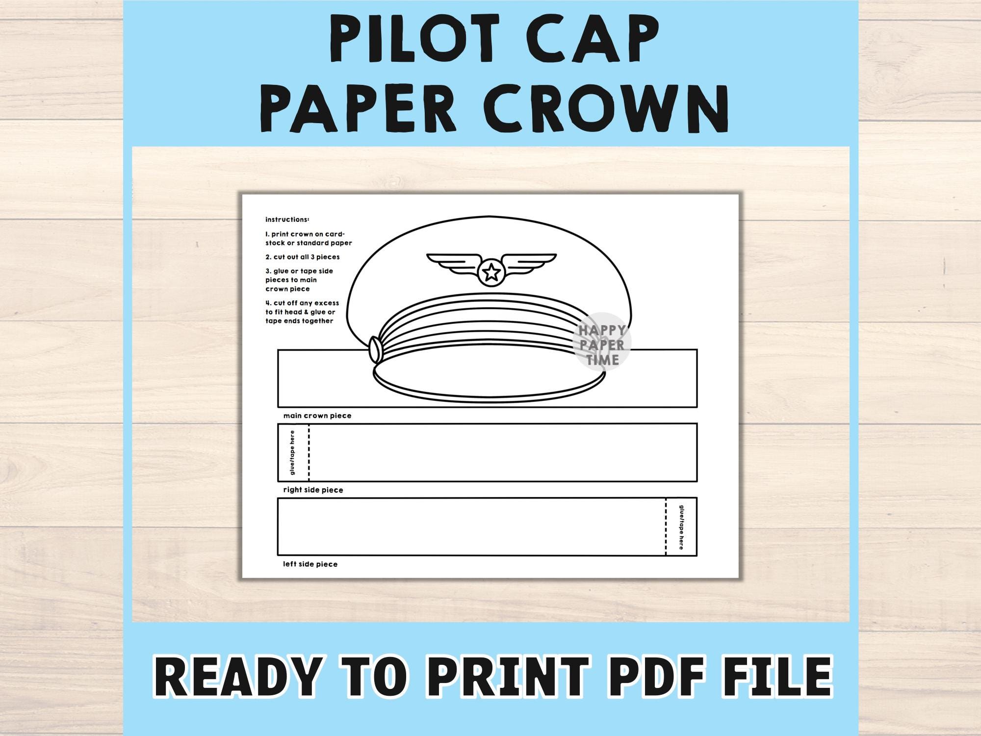 Pilot Cap Paper Crown Headband Airline Party Coloring Printable Kids ...