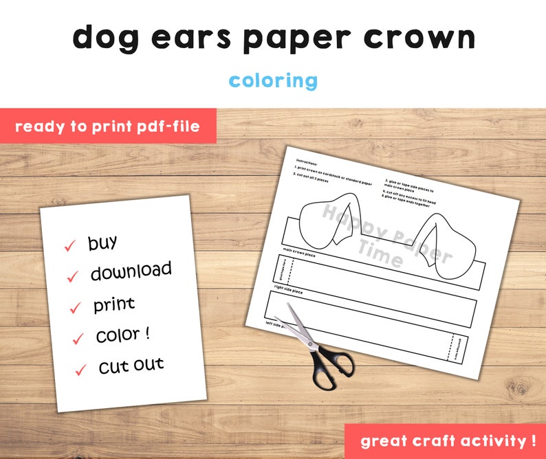 Dog Ears Paper Crown Party Coloring Printable Kids Craft Puppy | Etsy