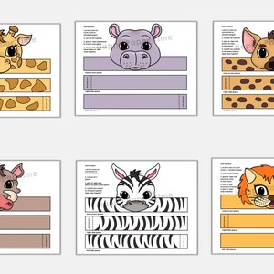African Safari Animals Paper Crowns Giraffe Hippo Hyena Lion Zebra ...