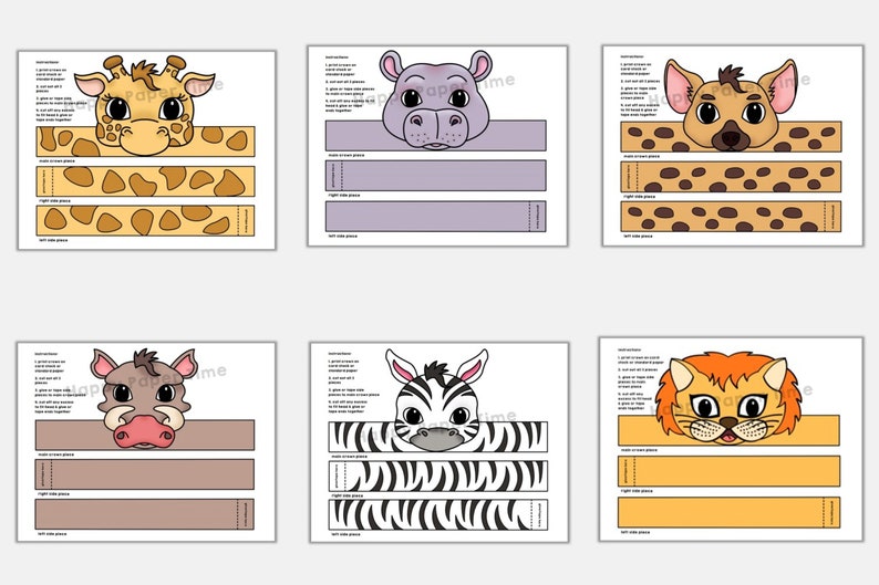 African Safari Animals Paper Crowns Giraffe Hippo Hyena Lion Zebra ...