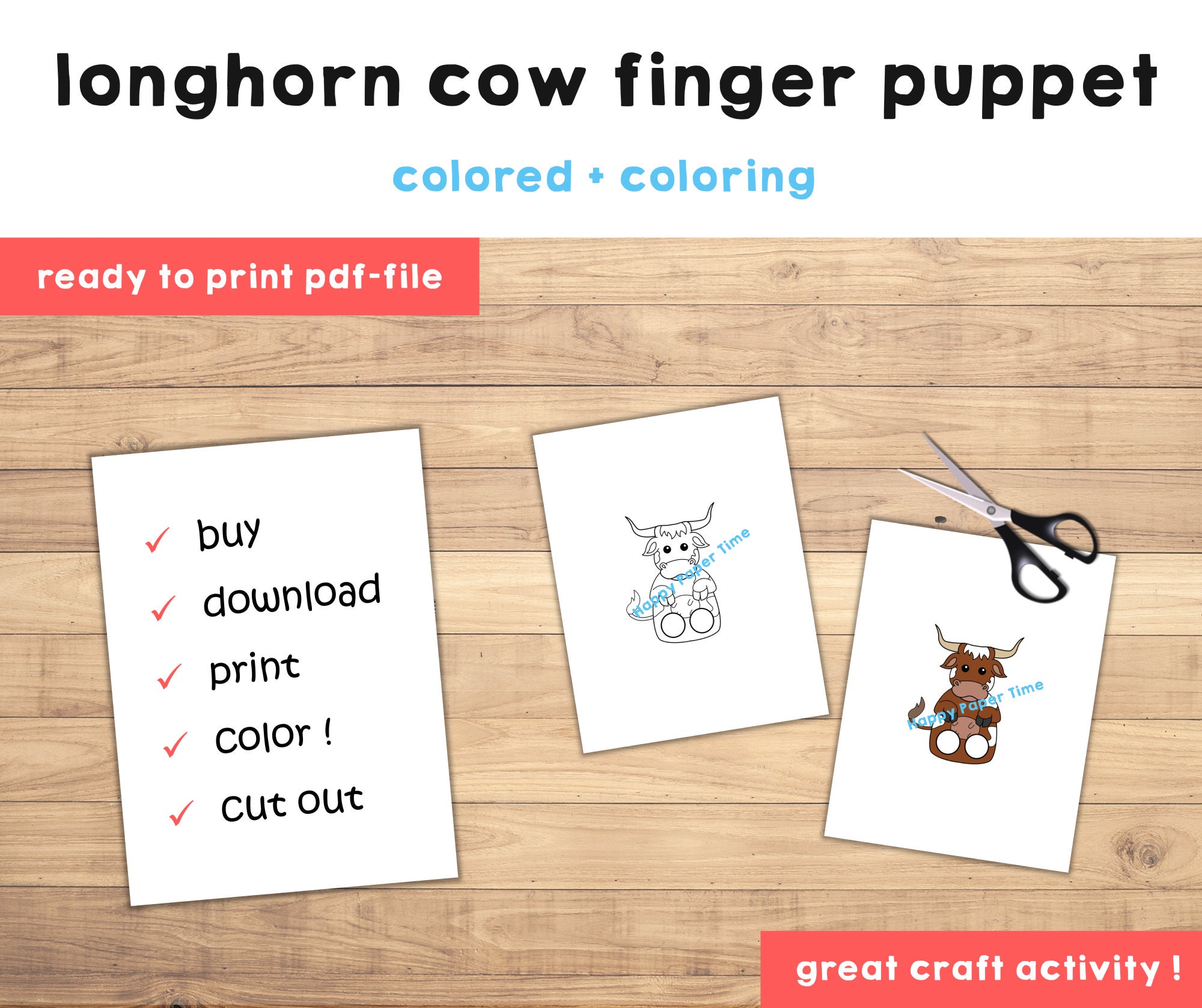 Longhorn Cow Paper Craft Printable Wild West Finger Puppet Kids Craft ...