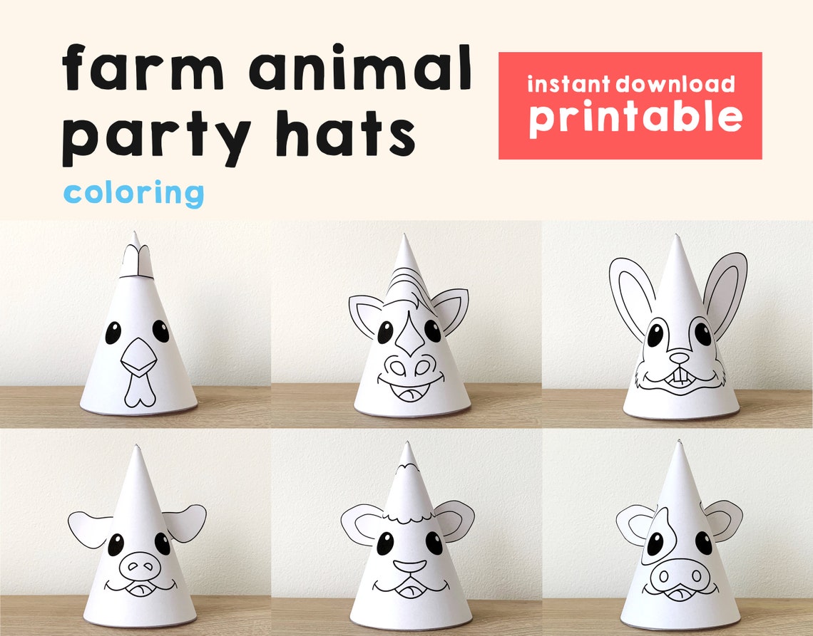 Farm Animal Party Hats Paper Printable Table Pig Horse Cow | Etsy
