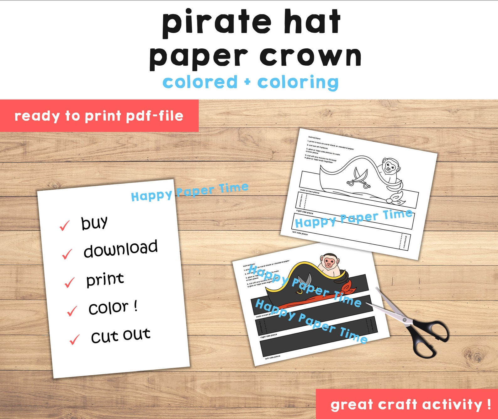 Pirate Hat Paper Crown Template Pirate Captain Party Headband Coloring ...