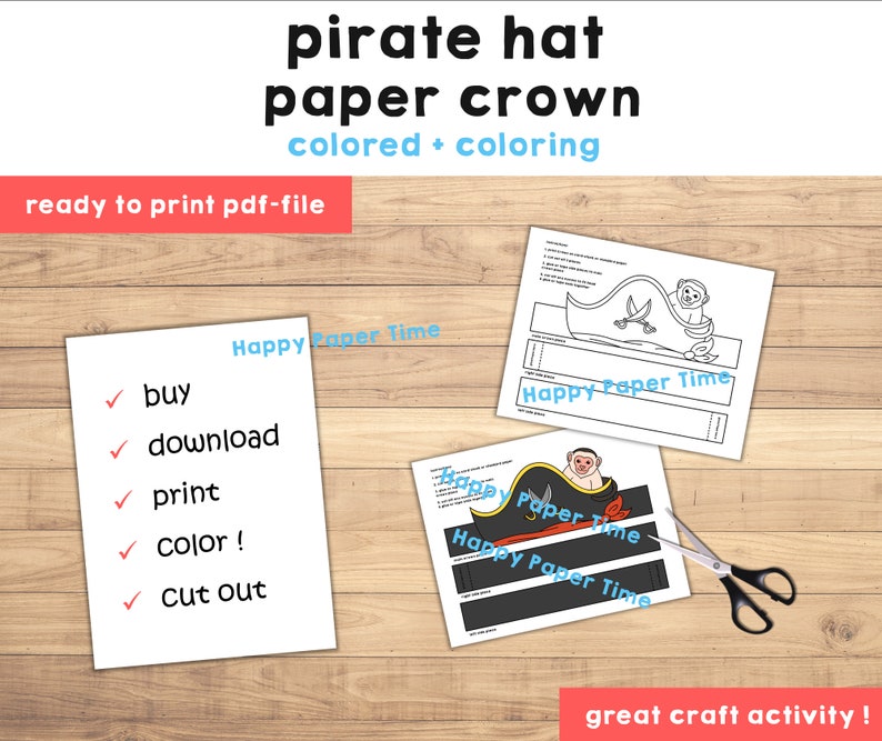 Pirate Hat Paper Crown Template Pirate Captain Party Headband Coloring ...