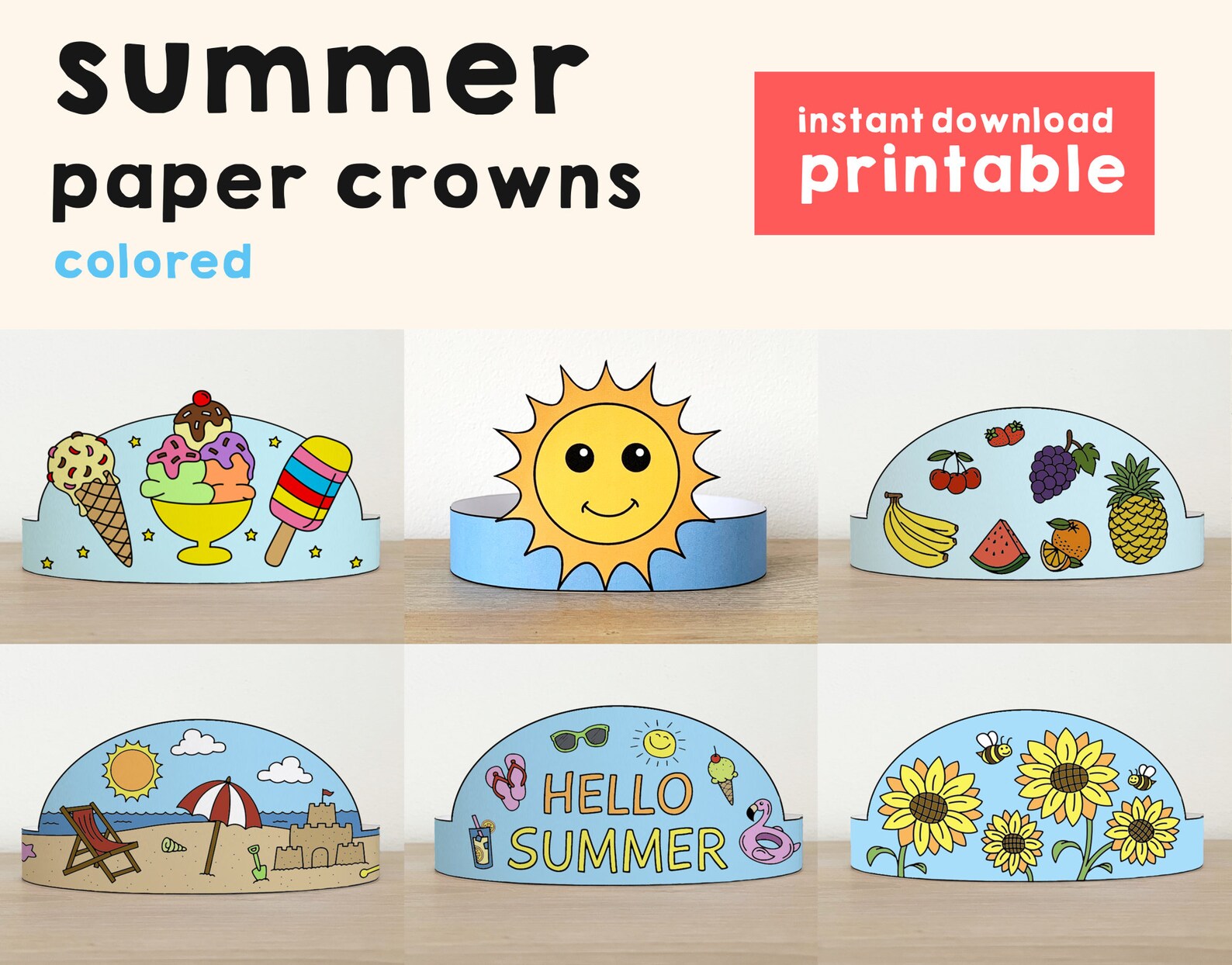 Summer Paper Crown Headband Ice Cream Party Activity Printable Kids ...