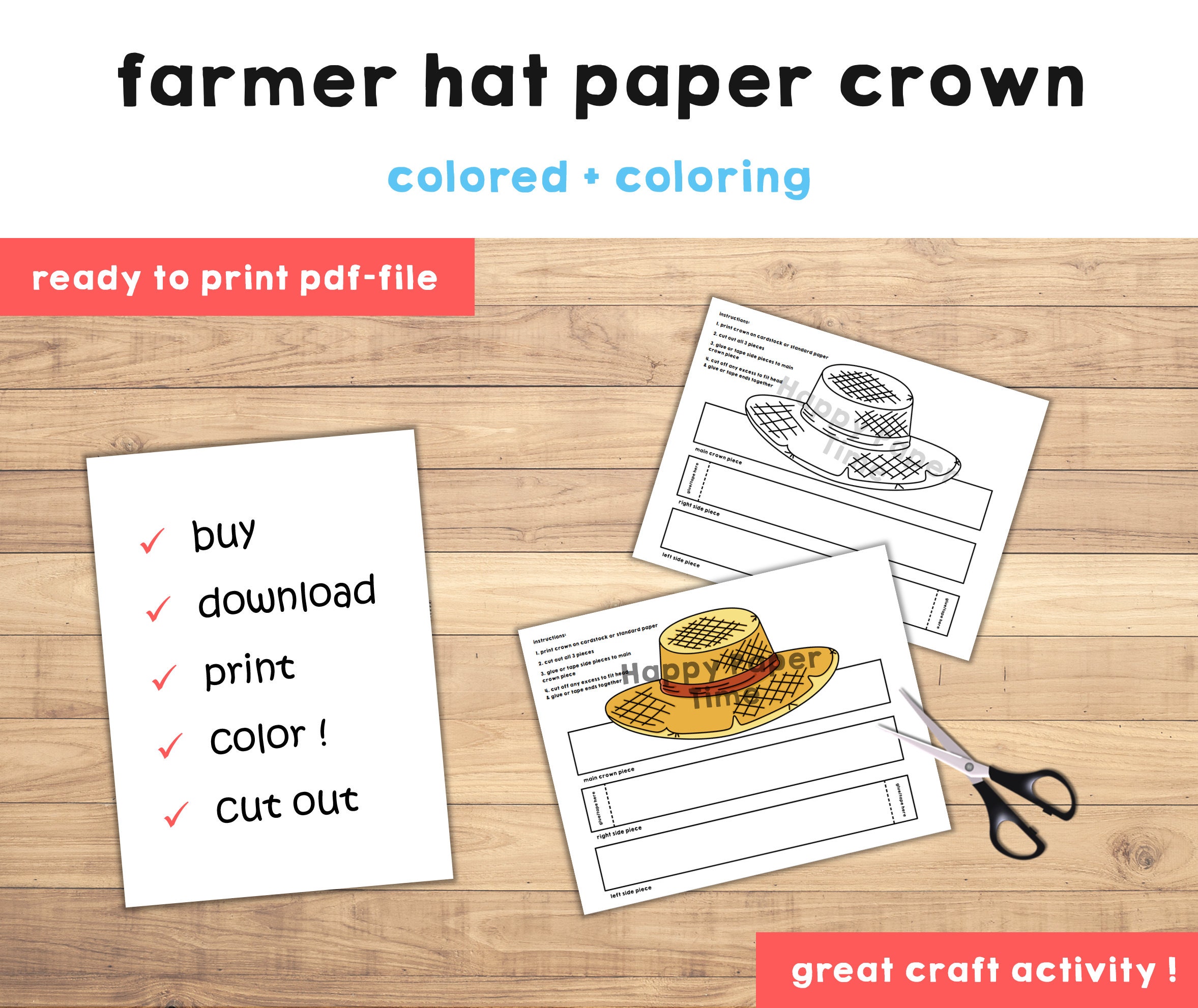 Farmer Straw Hat Gardener Paper Crown Party Coloring Printable | Etsy