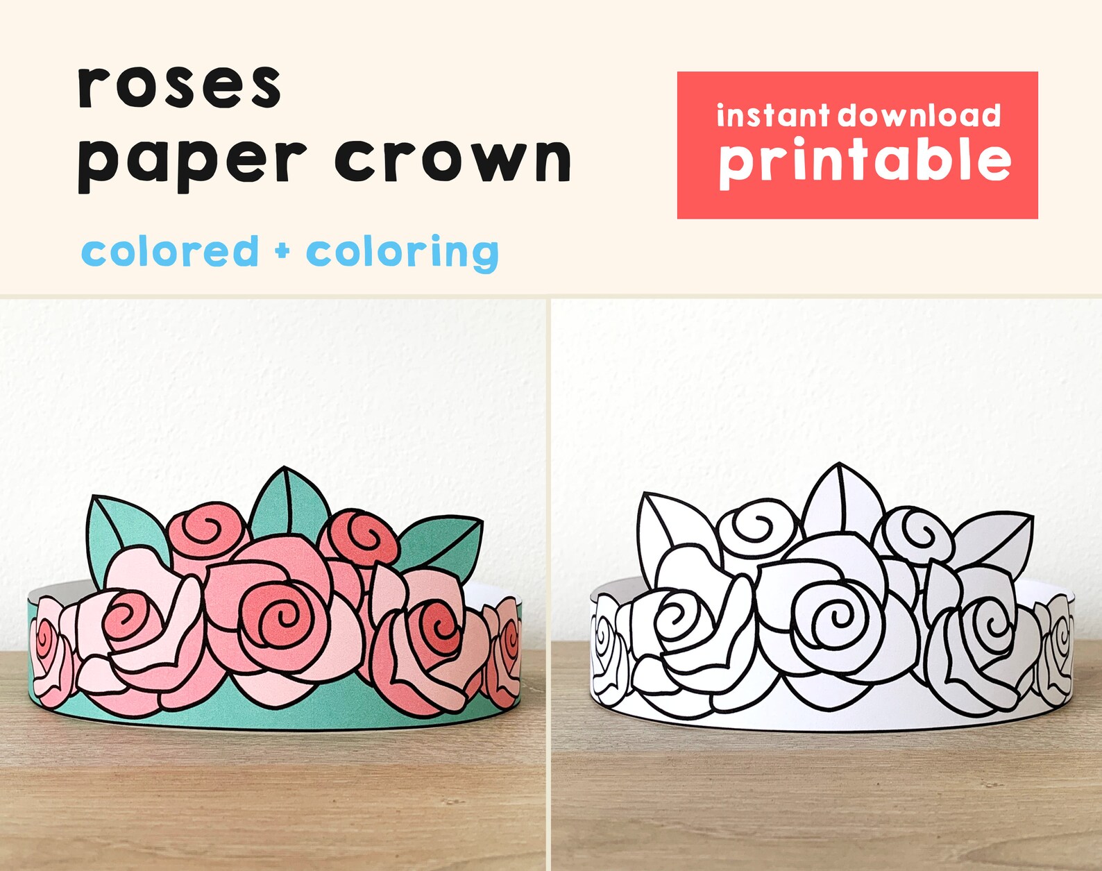 Roses Paper Crown Party Coloring Printable Kids Craft Spring - Etsy