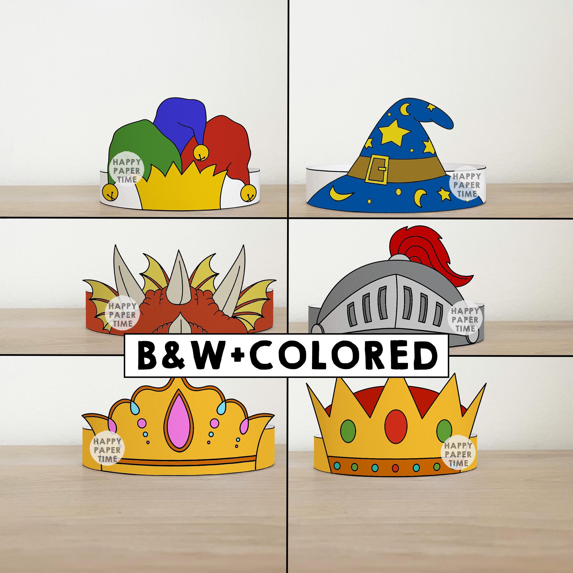 Medieval Fantasy Paper Crown Coloring Headband Knight Dragon Princess ...