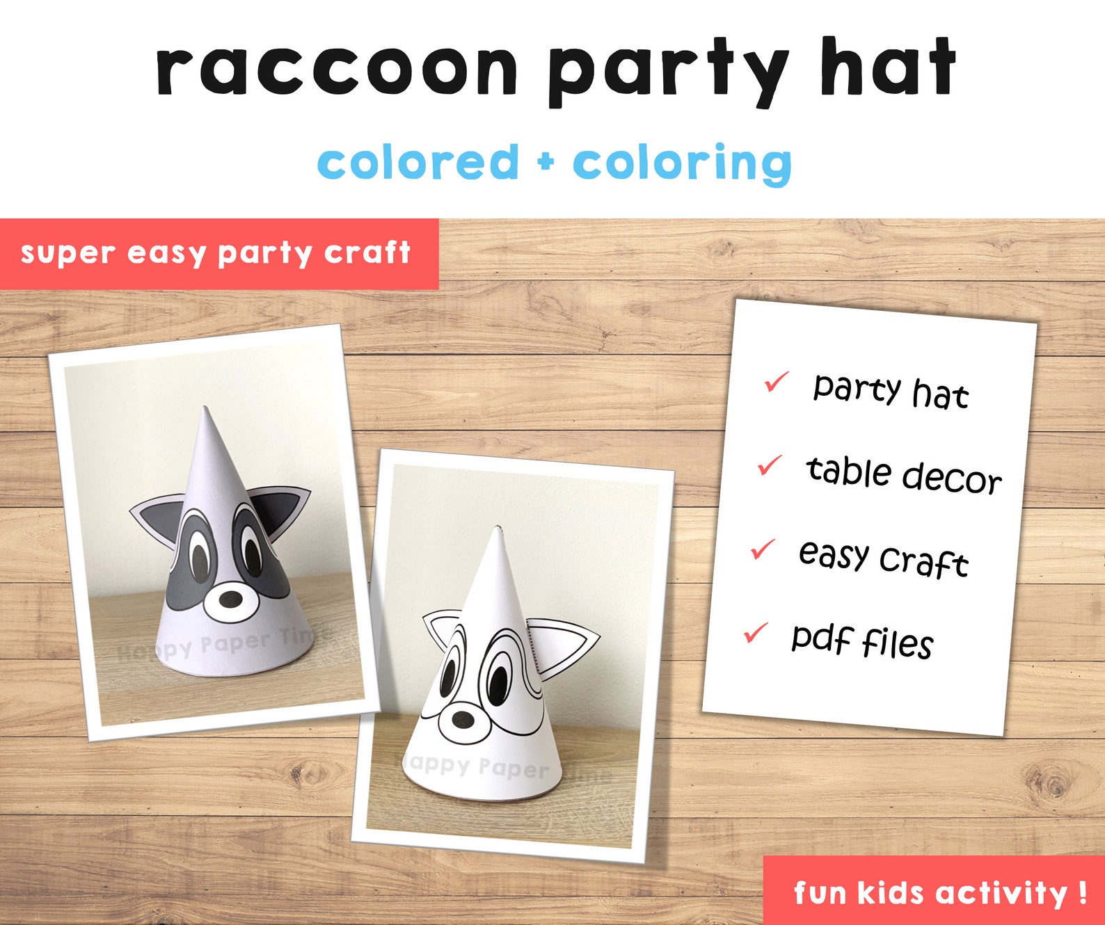 Raccoon Party Hat Printable Woodland Table Decoration Raccoon Party Hat ...