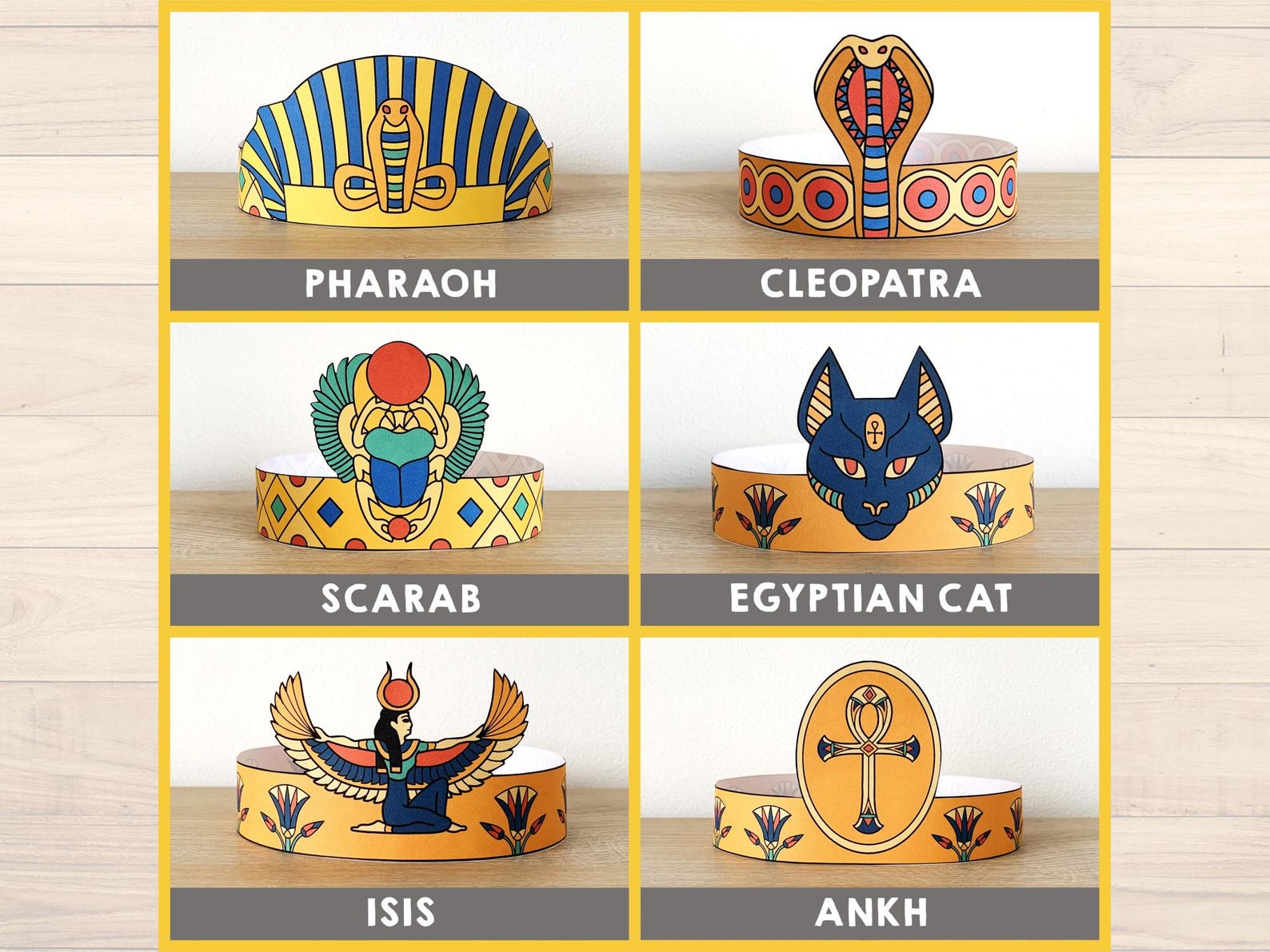 Ancient Egypt Paper Crowns Pharaoh Cobra Cleopatra Isis Scarab Cat Ankh ...