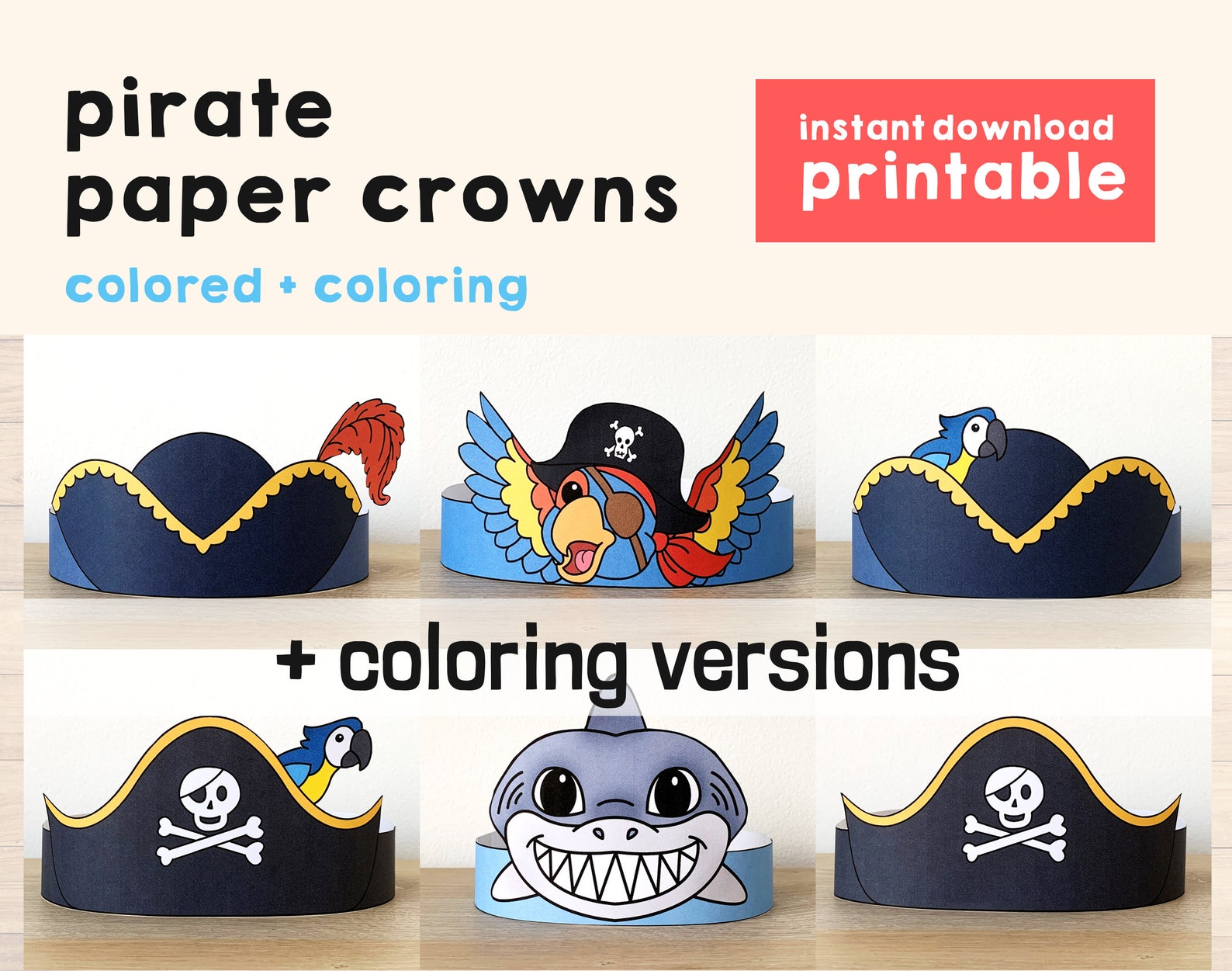 Pirate Paper Crowns Pirate Captain Parrot Shark Printable | Etsy