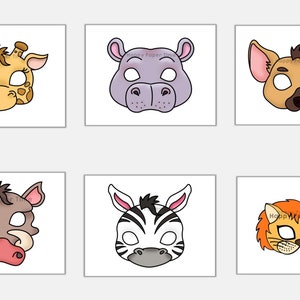 African Safari Animal Masks Template Hyena Lion Hippo Giraffe Zebra ...