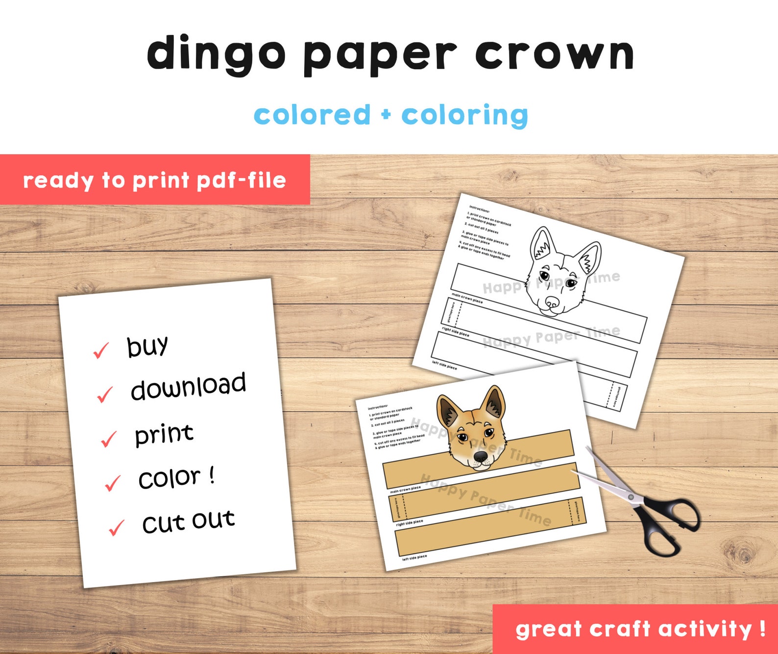 Dingo Paper Crown Australian Animal Template Coloring Activity - Etsy
