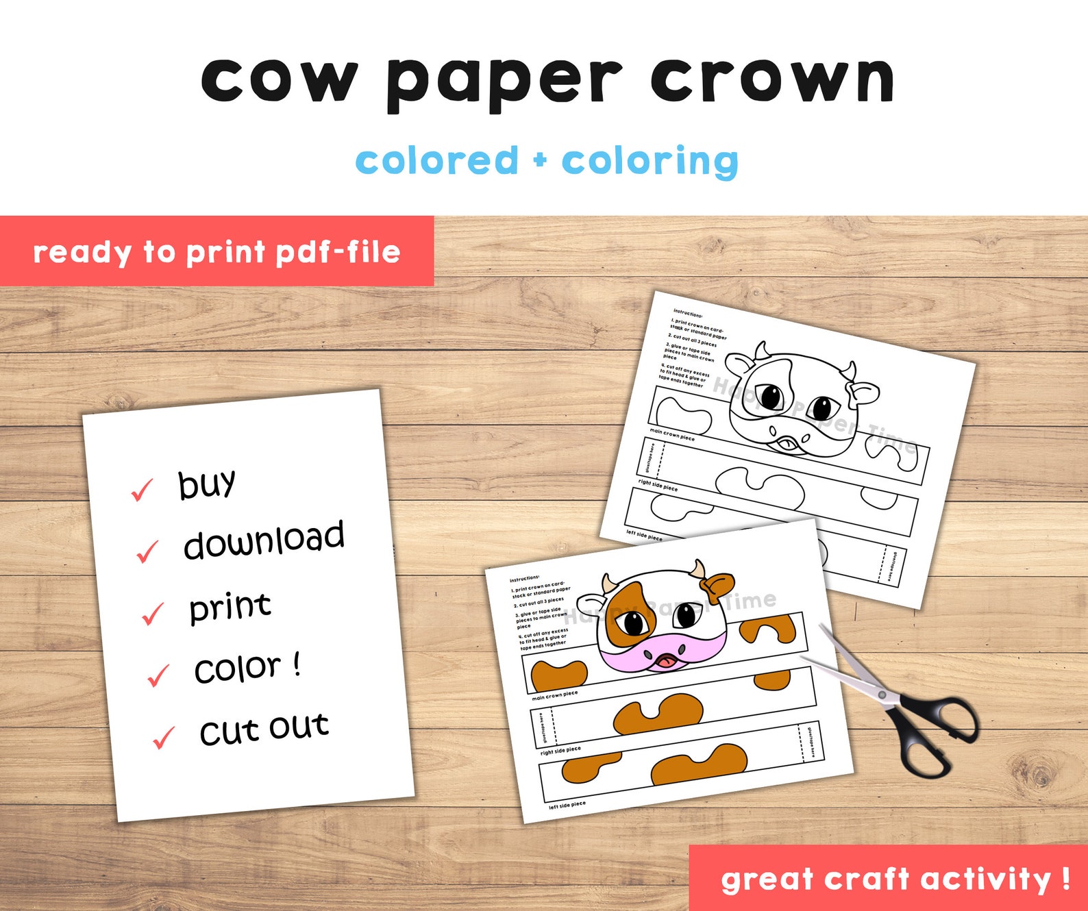 Cow Paper Crown Template Coloring Activity Printable Kids - Etsy