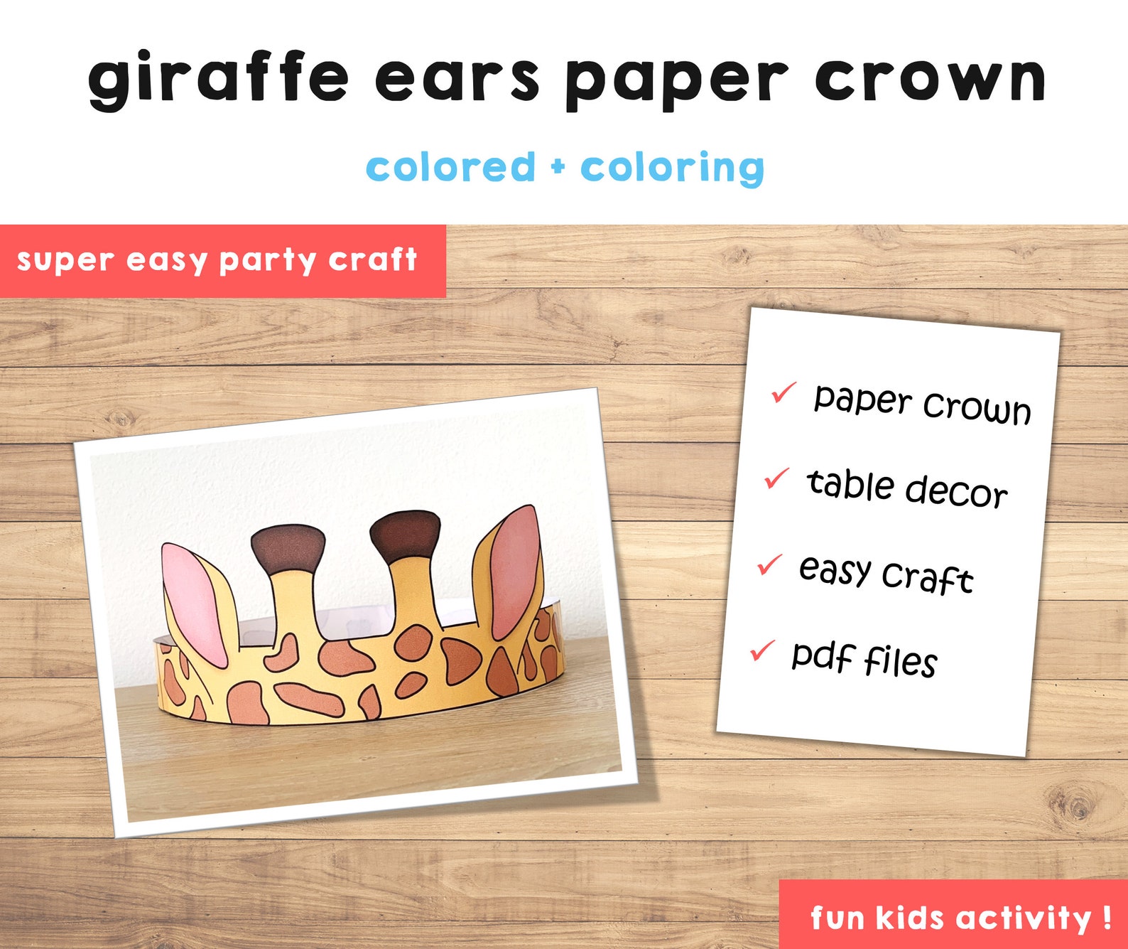 Giraffe Ears Paper Crown Party Coloring Printable Kids Craft - Etsy