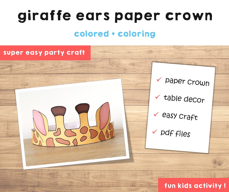 Giraffe Ears Paper Crown Party Coloring Printable Kids Craft | Etsy