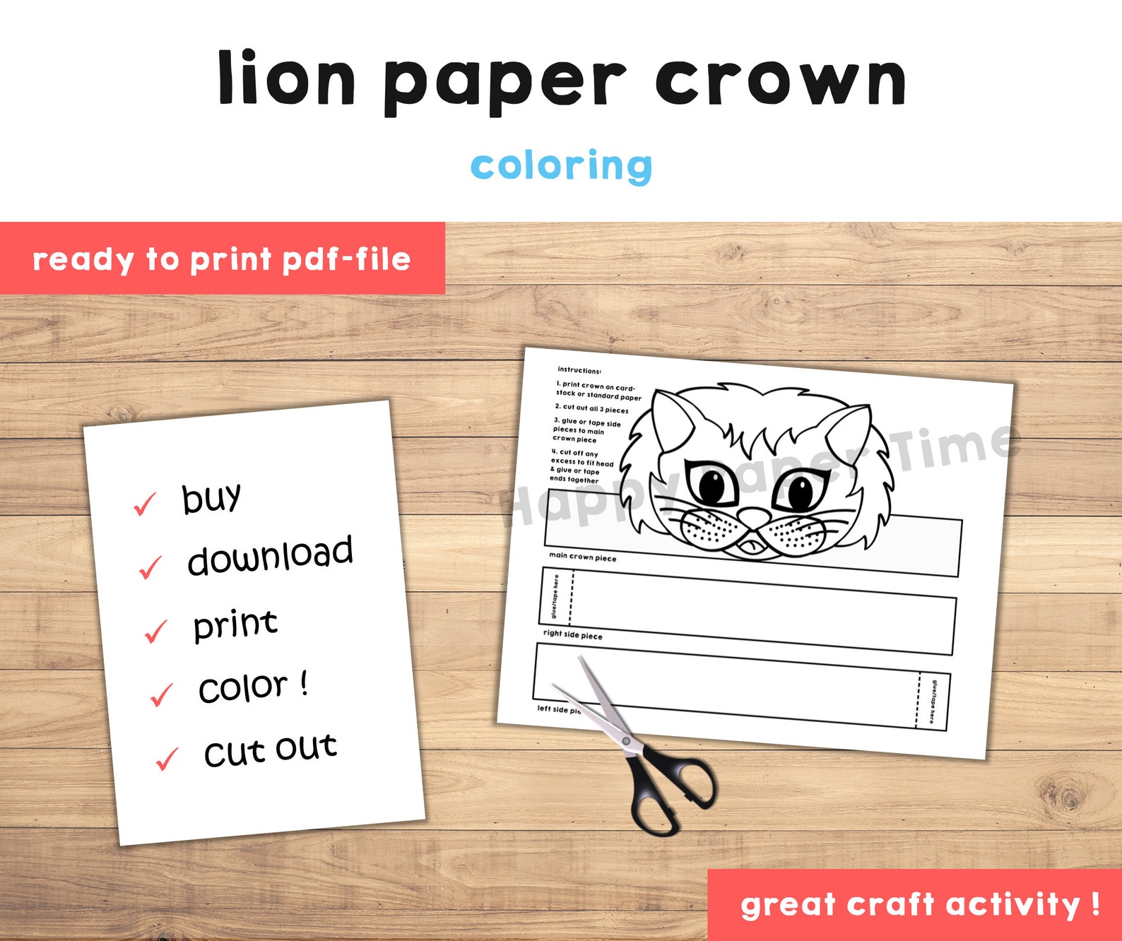 Lion Paper Crown Coloring Printable Kids Craft Lion Birthday - Etsy
