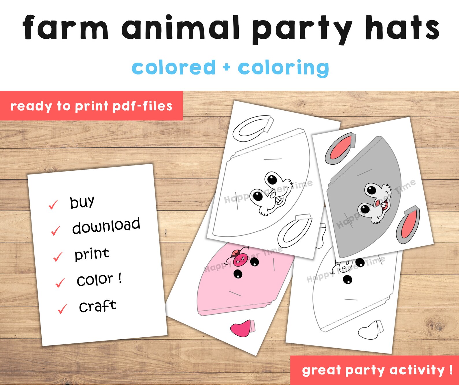 Farm Animal Party Hats Paper Printable Table Pig Horse Cow - Etsy