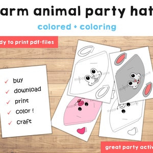 Farm Animal Party Hats Paper Printable Table Pig Horse Cow Rabbit Sheep ...