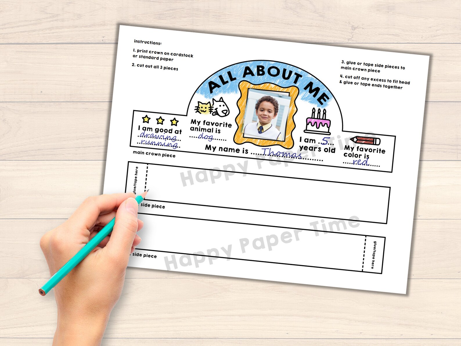 All About Me Paper Crown Back to School Hat Headband Coloring Printable ...