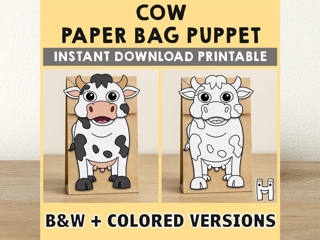Cow Paper Bag Puppet Printable Farm Animal Craft Activity Cut Paste ...