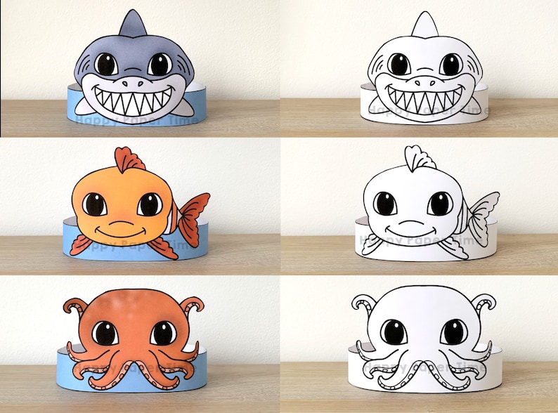 Coronas de papel de animales del océano, tiburón, pez, pulpo, ballena ...