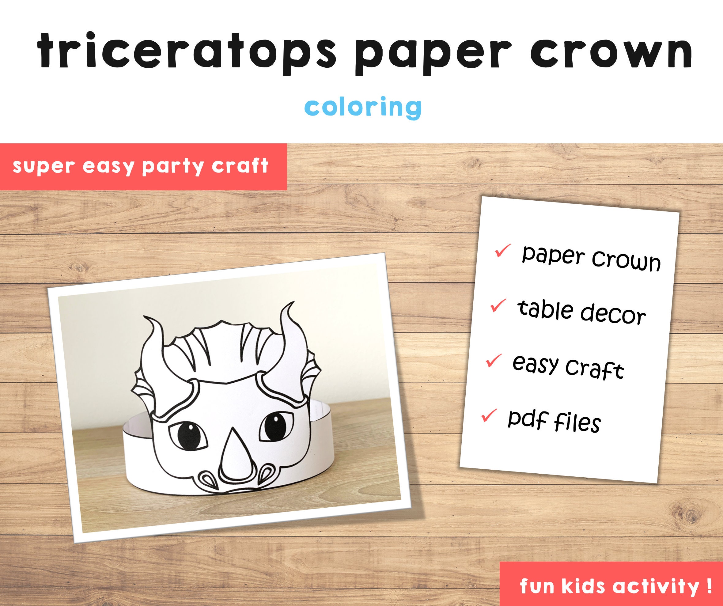 Triceratops Paper Crown Party Coloring Printable Kids Craft | Etsy