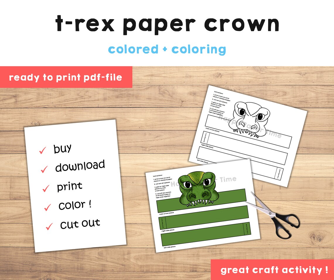 T-rex Paper Crown Party Coloring Printable Kids Craft Dinosaur - Etsy