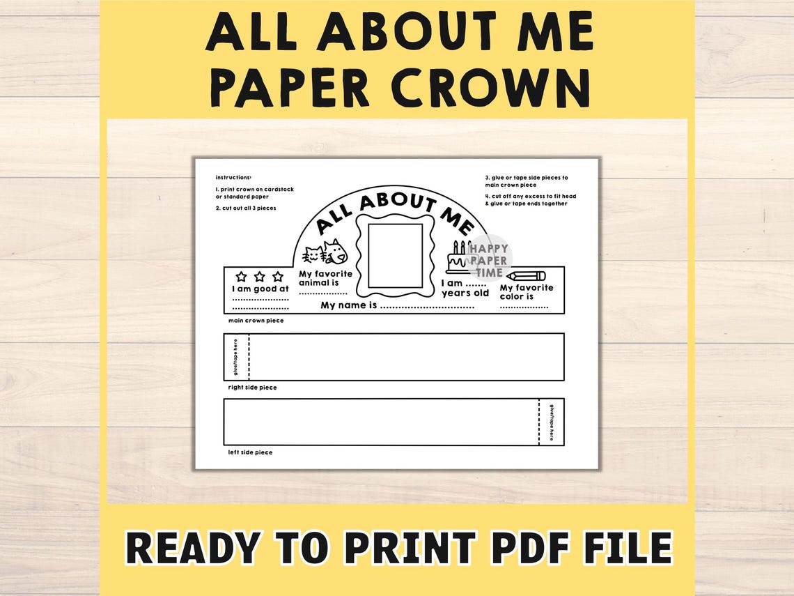 All About Me Paper Crown Back to School Hat Headband Coloring Printable ...
