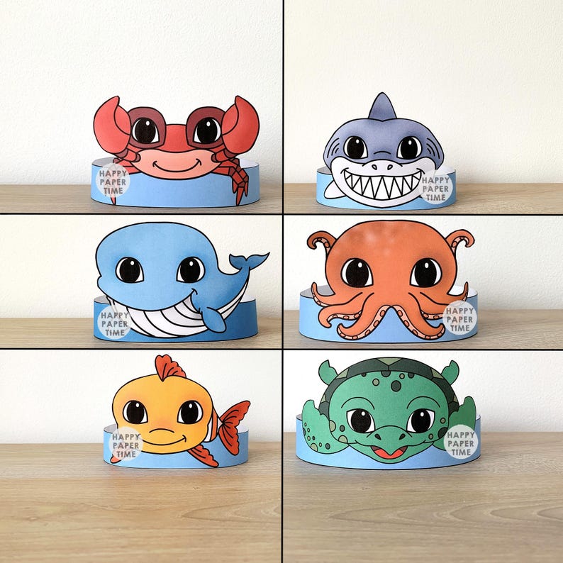 Ocean Animals Paper Crowns Shark Fish Octopus Whale Sea Turtle Crab ...