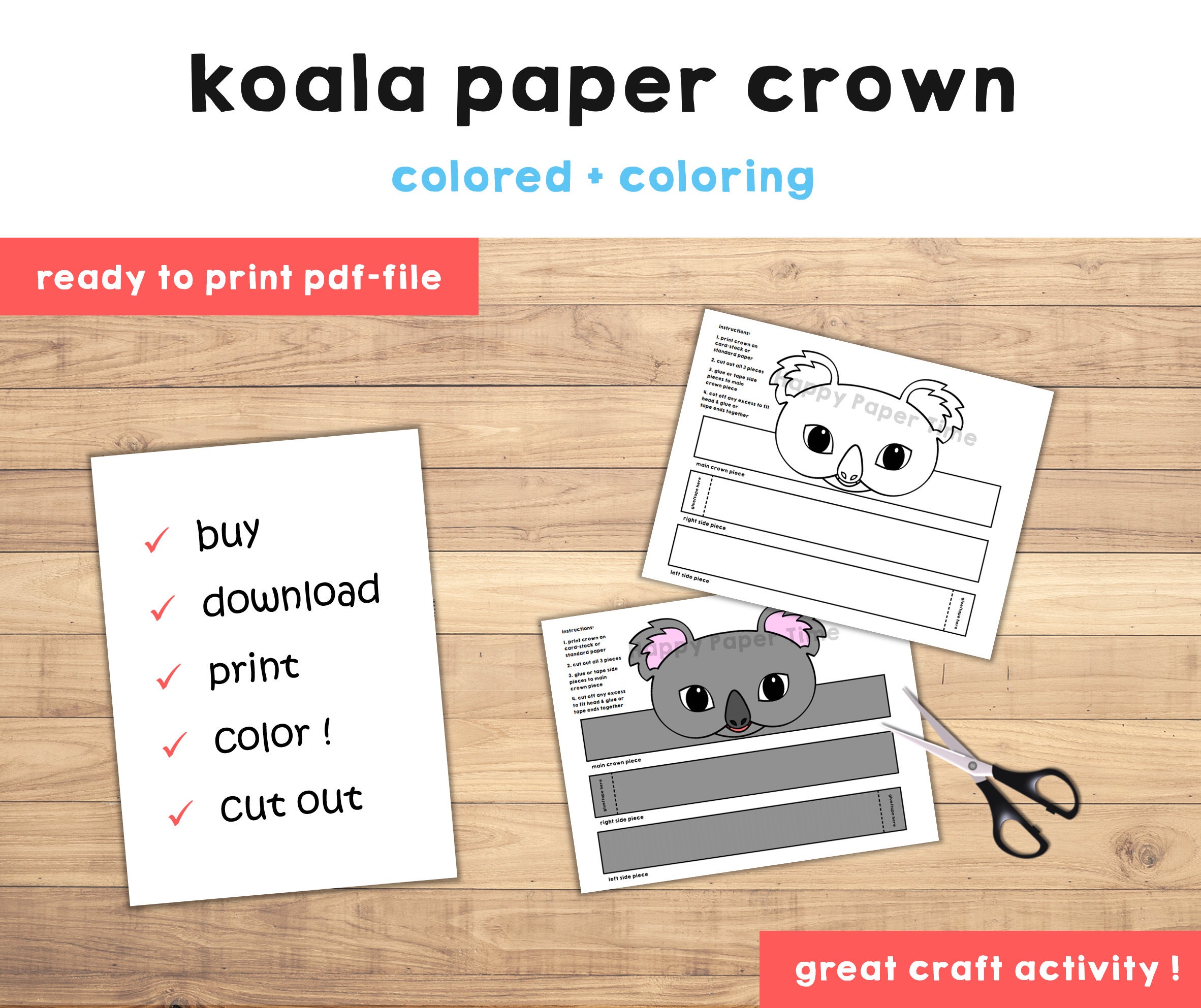 Koala Paper Crown Party Coloring Printable Kids Craft - Etsy
