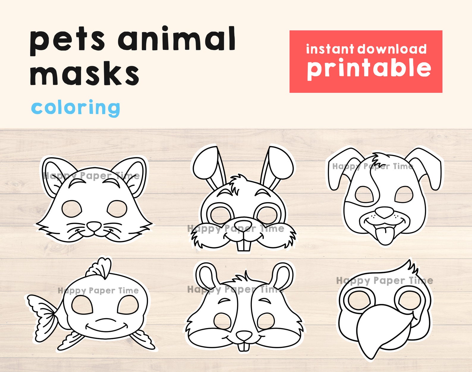 Pets Animal Masks Coloring Template Cat Dog Hamster Goldfish - Etsy