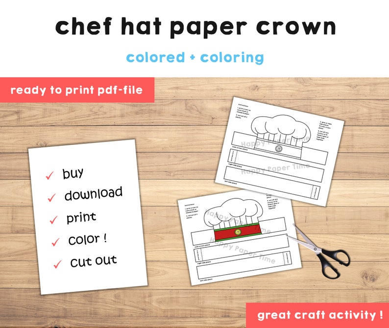 Chef Hat Cook Paper Crown Restaurant Party Coloring Printable - Etsy
