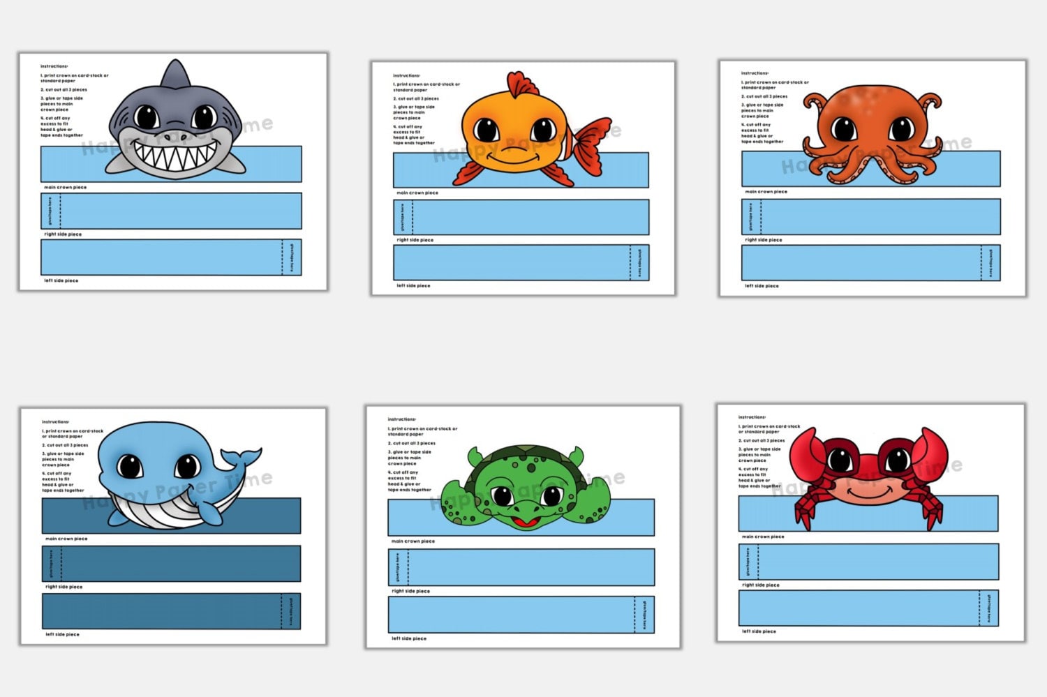 Ocean Animals Paper Crowns Shark Fish Octopus Whale Sea Turtle Crab ...